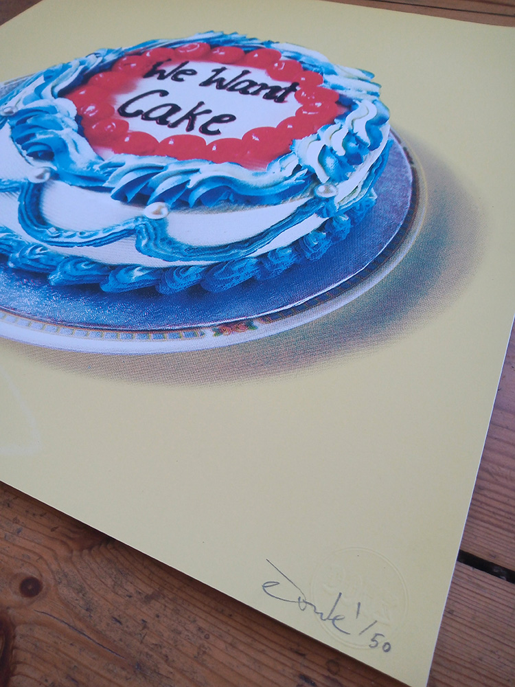 "We Want Cake" limited edition cmyk screenprint by Donk - atomgallery.co.uk